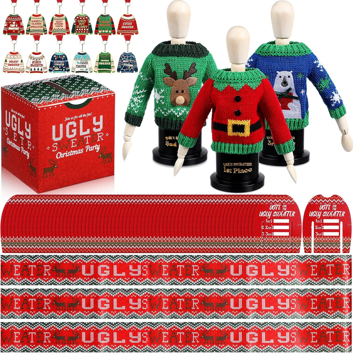 Amazon.com : Soaoo 82 Pcs Ugly Sweater Party Voting Sets 3 Wooden ...