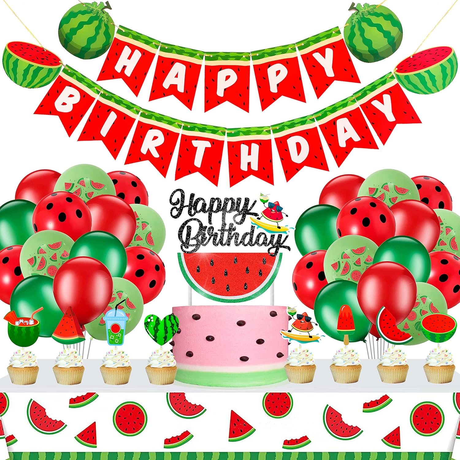 Amazon.com: Watermelon Decorations Set - Happy Birthday Banner, Cake ...