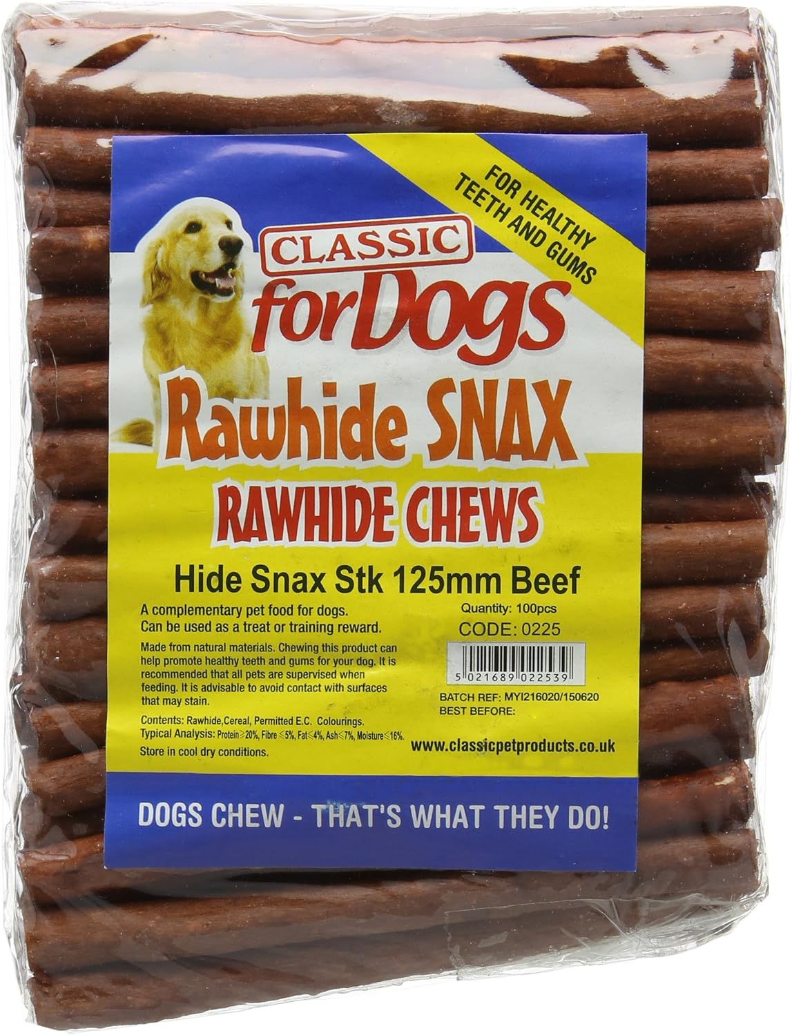 Classic Pet Products 100 Percent Hide Beef Basted Snax Sticks, 125 mm ...