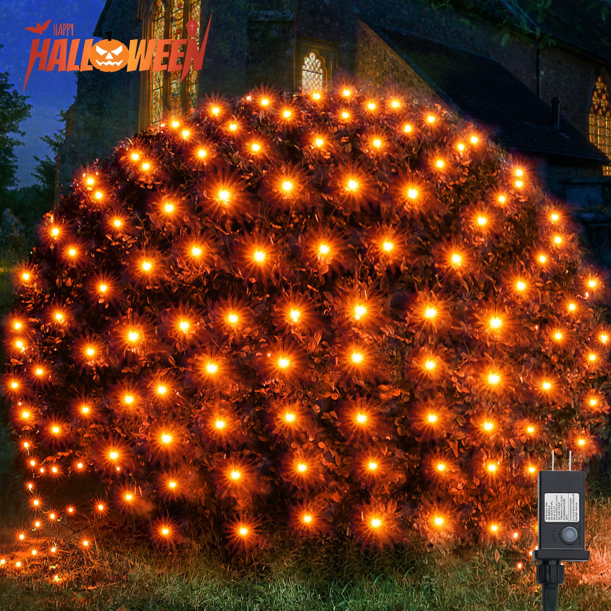 WBao Halloween Net Lights, 200LED 8.4ft x 5.2ft Orange Halloween Lights ...