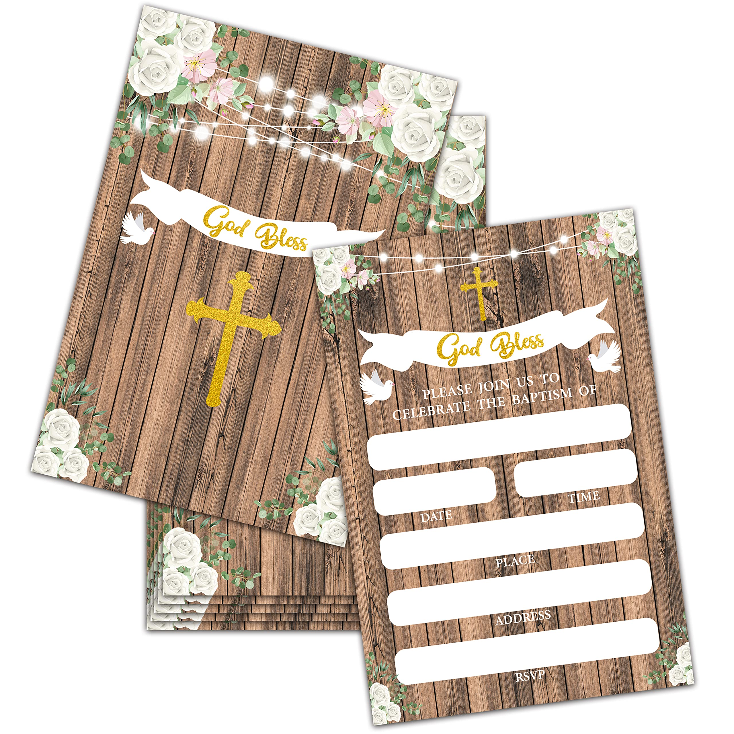 Amazon.com : Baptism Invitations with Envelopes, Rustic Wood Floral ...