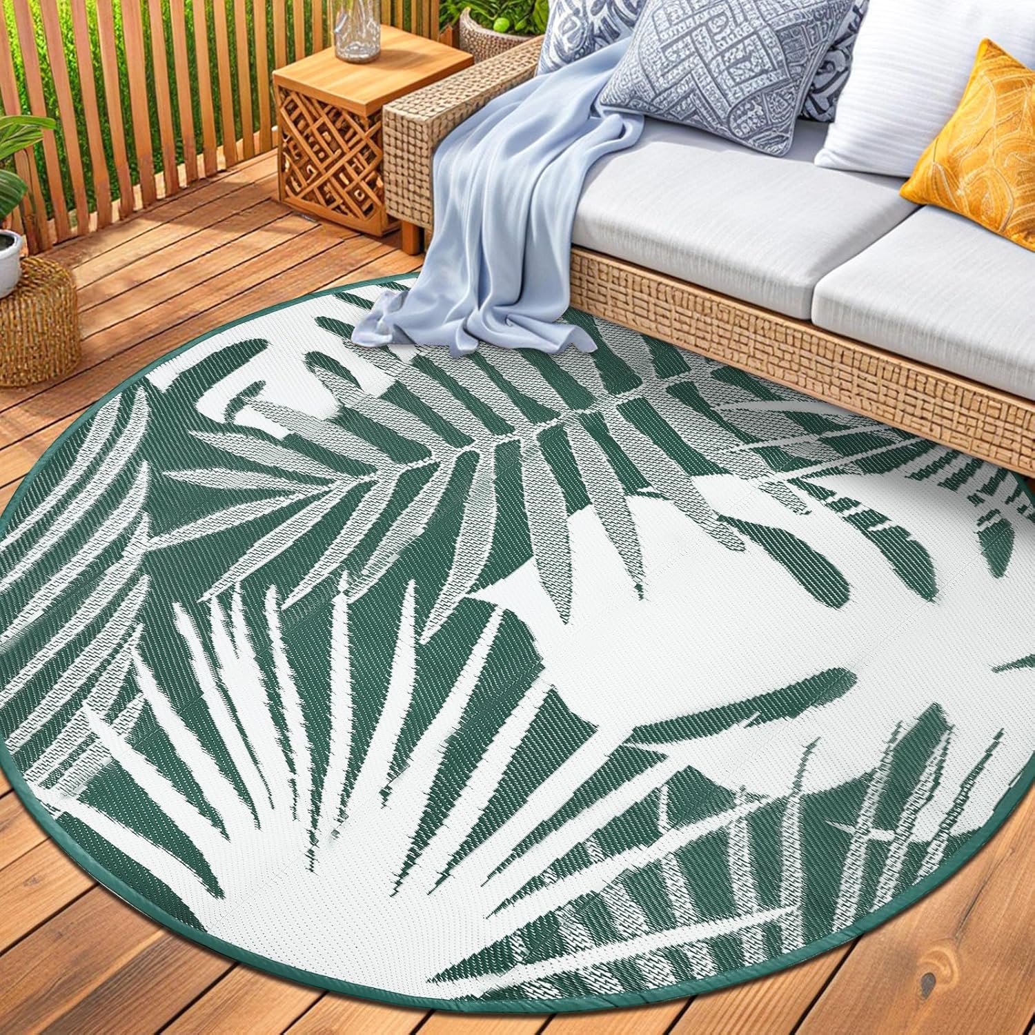 Waterproof Outdoor Rug 6x6 ft, Reversible Plastic Straw Mat with Leaf ...