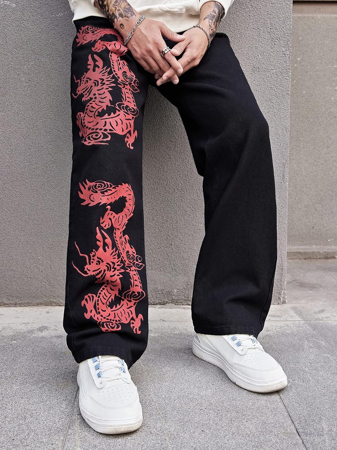 Amazon.com: TRENDSTHAN Men's Jeans Men Chinese Dragon Print Jeans Jeans ...