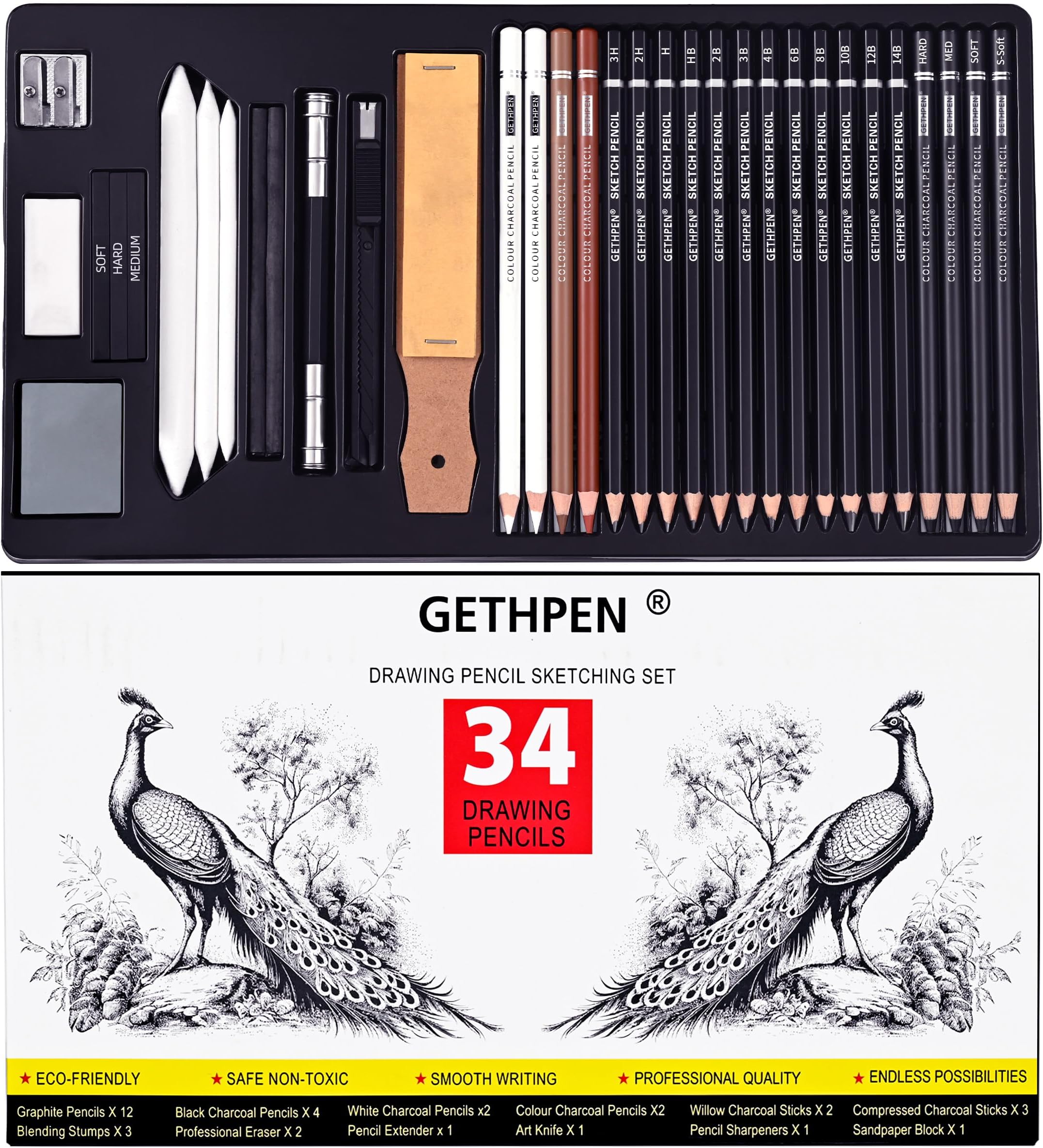 Amazon.com: Kird Barken 33 Piece Sketching Pencil Set - 5H to 14B ...