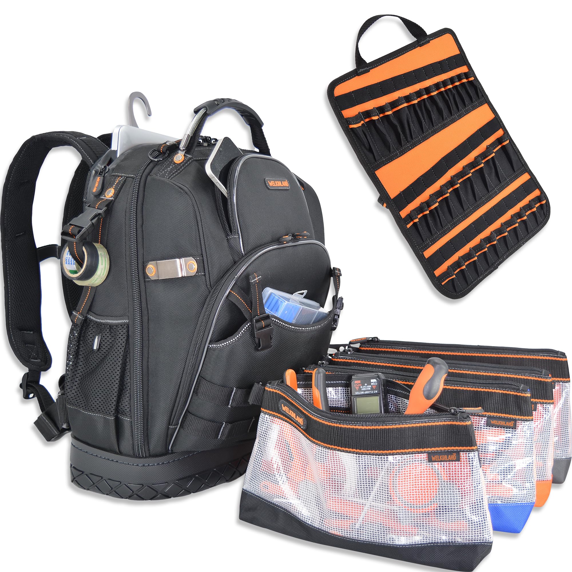 WELKINLAND Tool Backpack and 4pcs Clear Tool Pouch Bundle-Professional ...