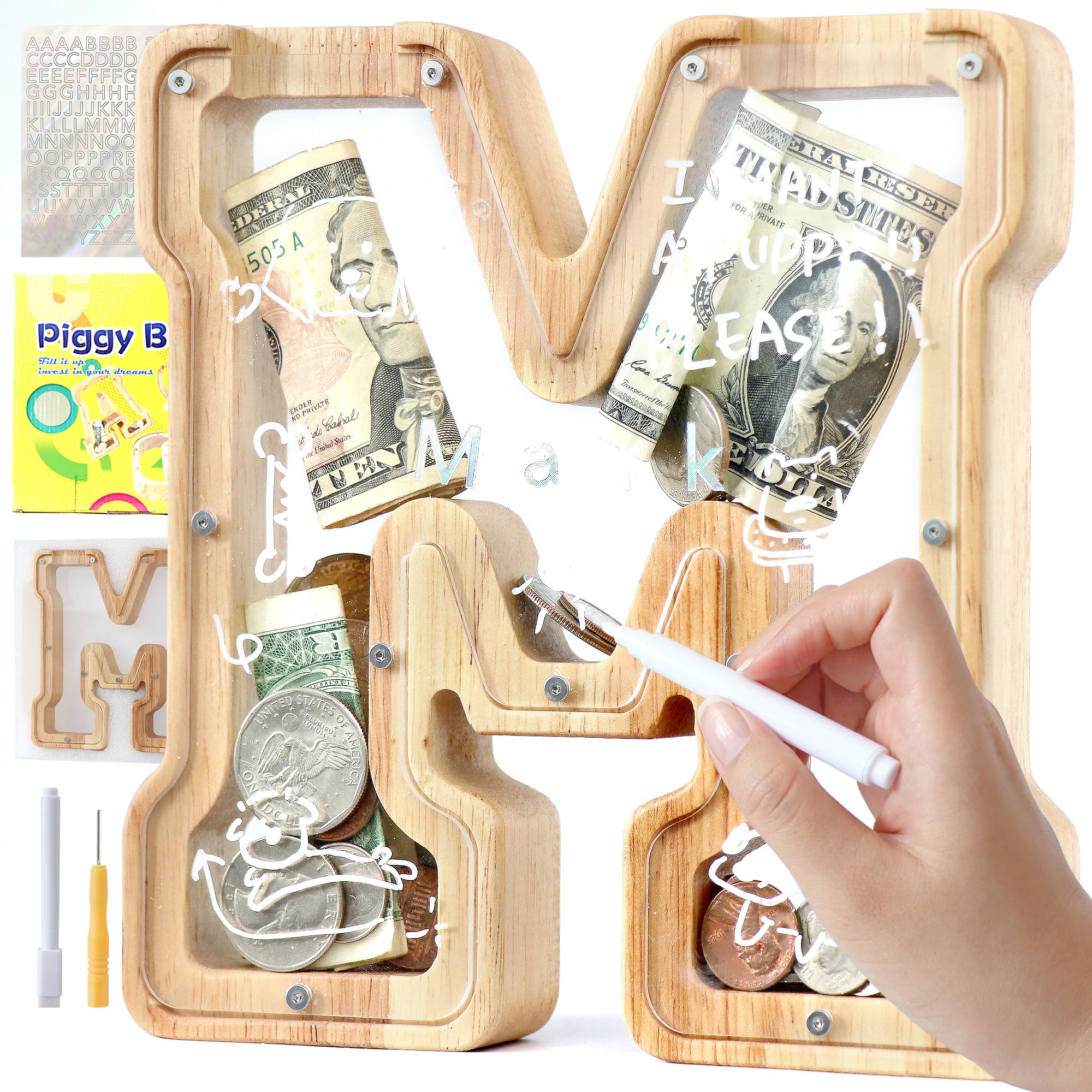 Mikytoper Letter Money Box for Kids Wooden Personalized A-Z Alphabet ...