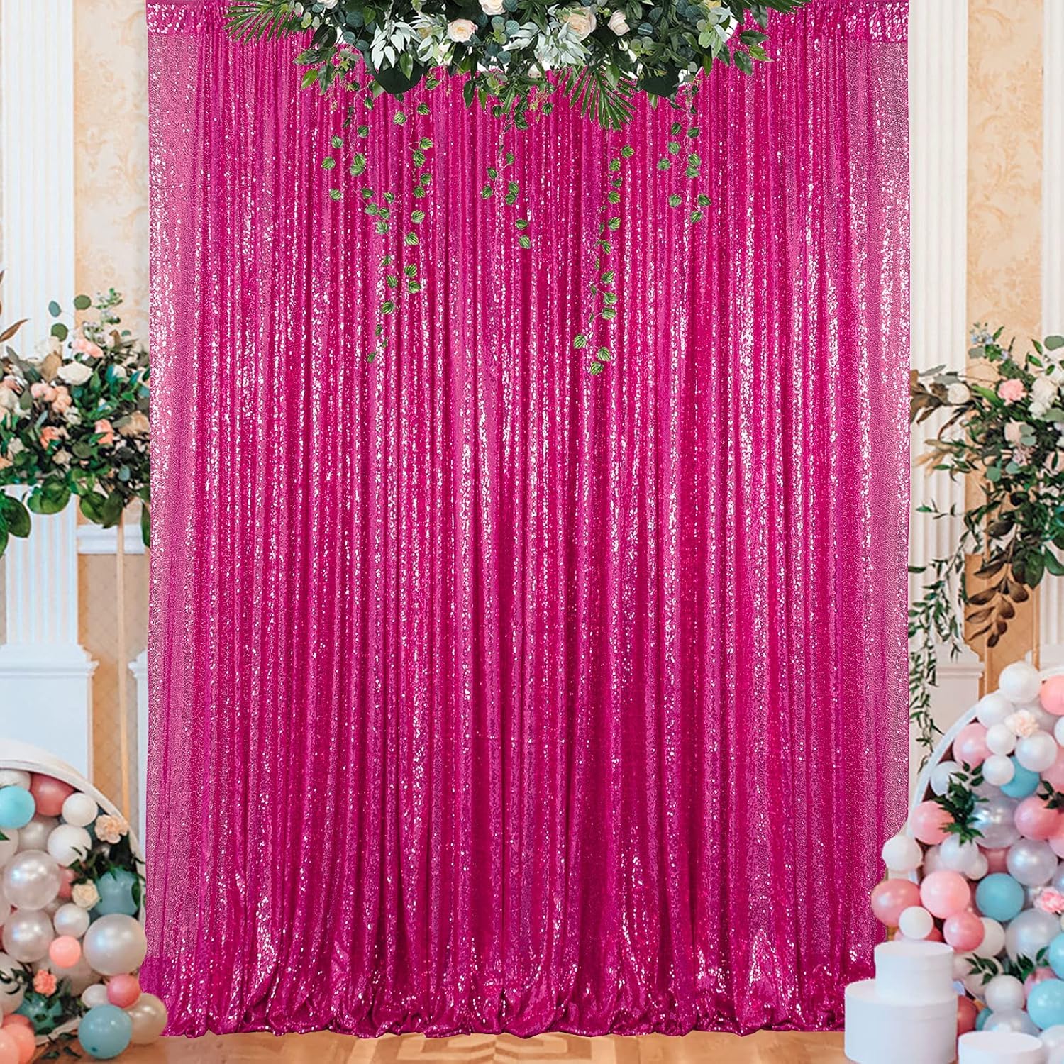 Amazon.com : ShinyBeauty 5FTx9FT Hot Pink Sequin Backdrop, Fuchsia ...