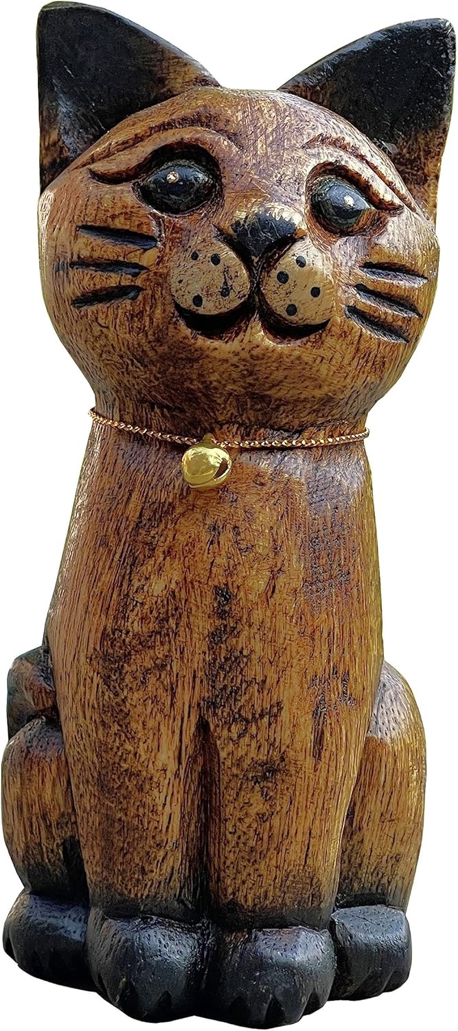 Amazon.com: Land of Simple Treasures Hand Carved Wooden Cat Statue ...