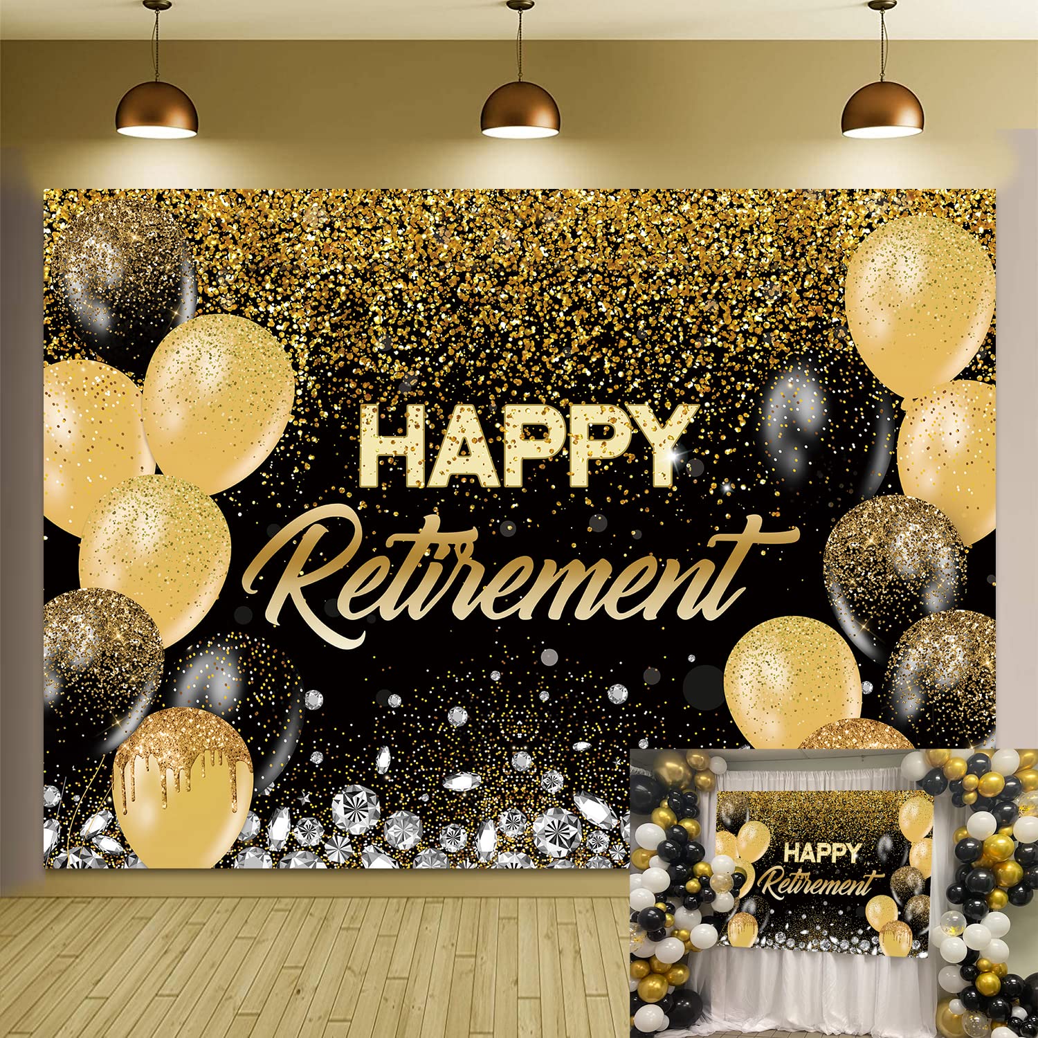 Happy Retirement Backdrop Black and Gold Glitter Balloon Retirement ...