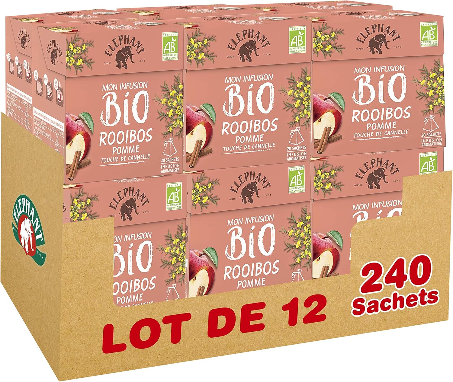 Elephant Infusion Bio Rooibos Pomme Cannelle 240 Sachets (Lot de 12x20 ...