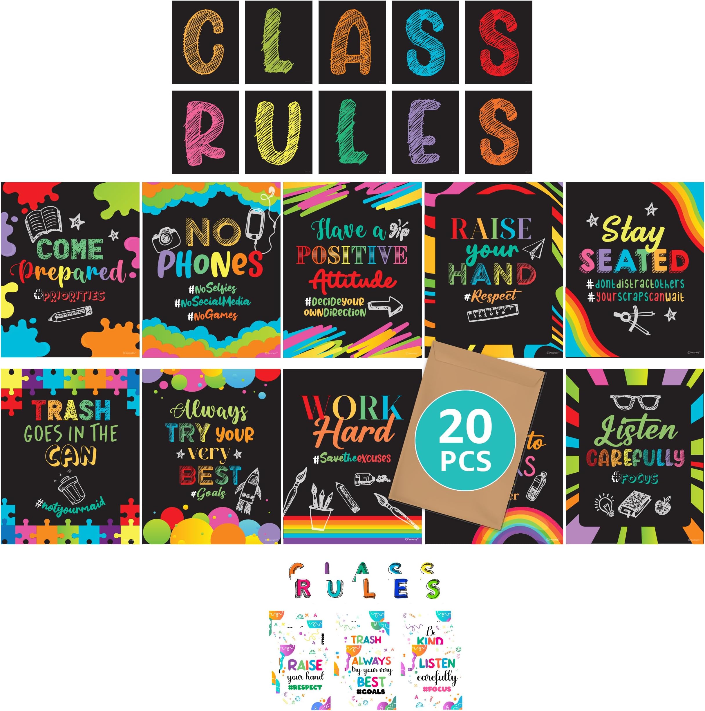 Amazon.com : Decorably 20 Chalkboard Classroom Rules Poster Middle ...