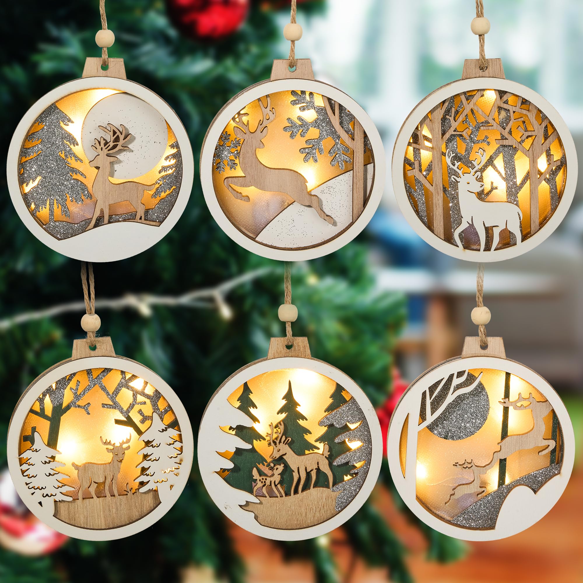 6 Pcs LED Christmas Hanging Wooden Reindeer Ornaments, Christmas Light ...
