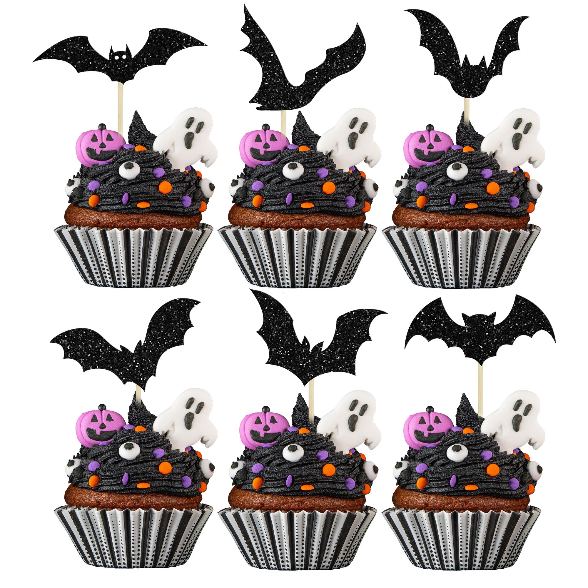 Amazon.com: 24Pcs Halloween Bat Cupcake Toppers Black Glitter Bat ...