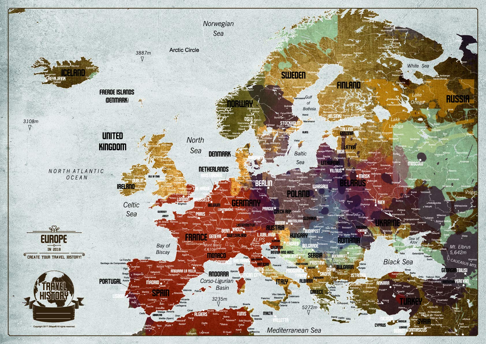 Map of Europe in original colours, 600 European cities, 50 coloured ...