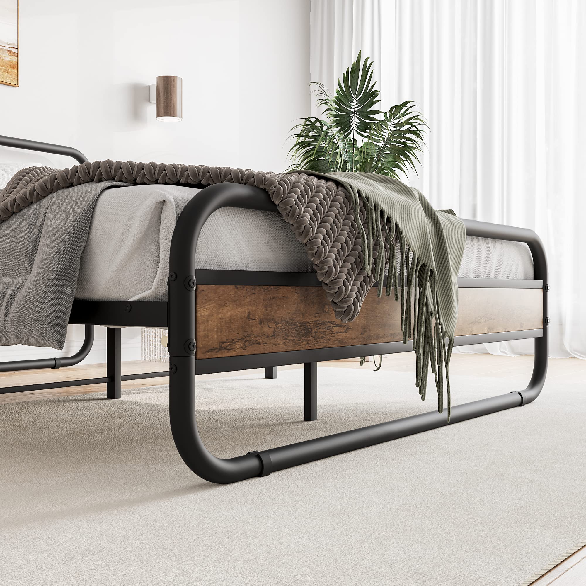 HAHRIR Metal Queen Bed Frame with Wooden Headboard and Footboard, Heavy ...