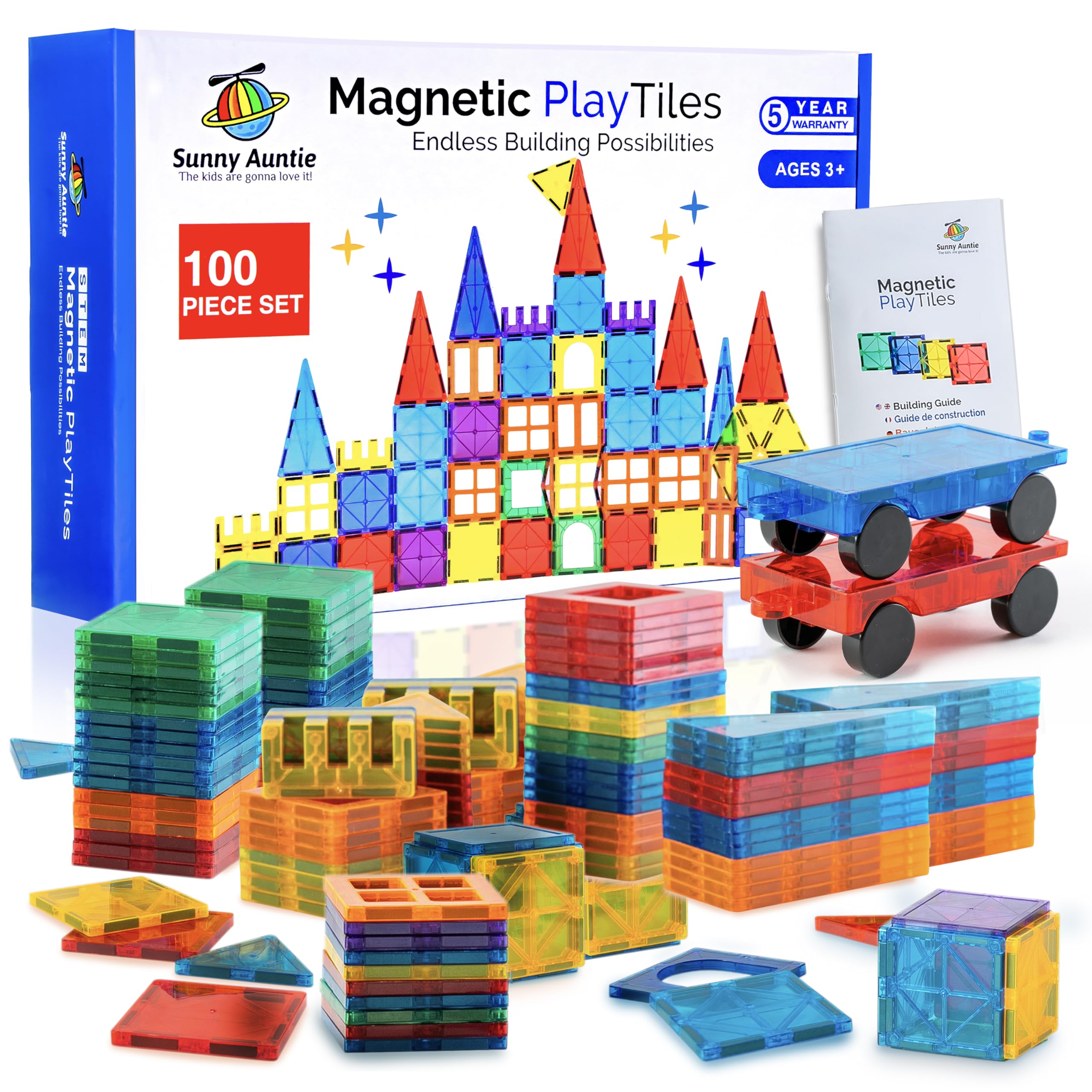 Amazon.com: SUNNY AUNTIE Magnetic Tiles 100 PCS with 2 Cars, Magnetic ...