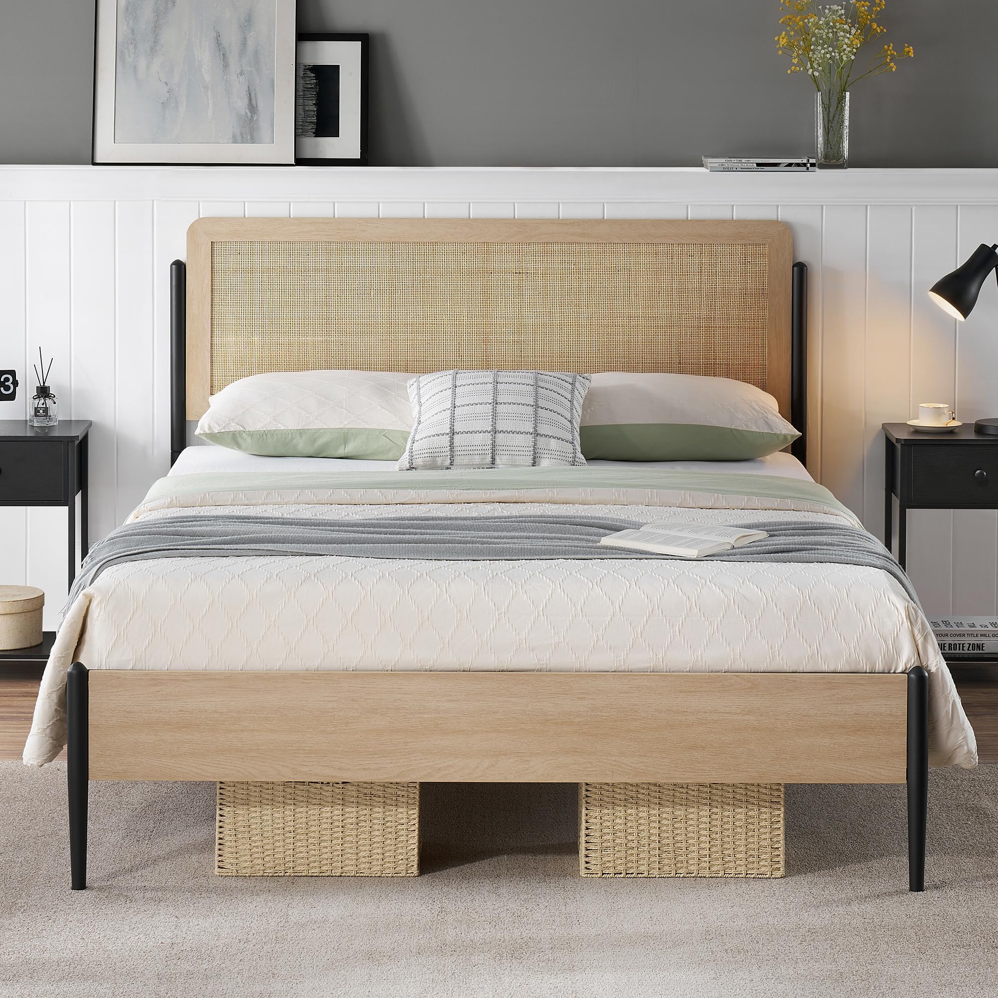 Amazon.com: Brafab Natural Rattan Queen Bed Frame with Wooden Headboard ...