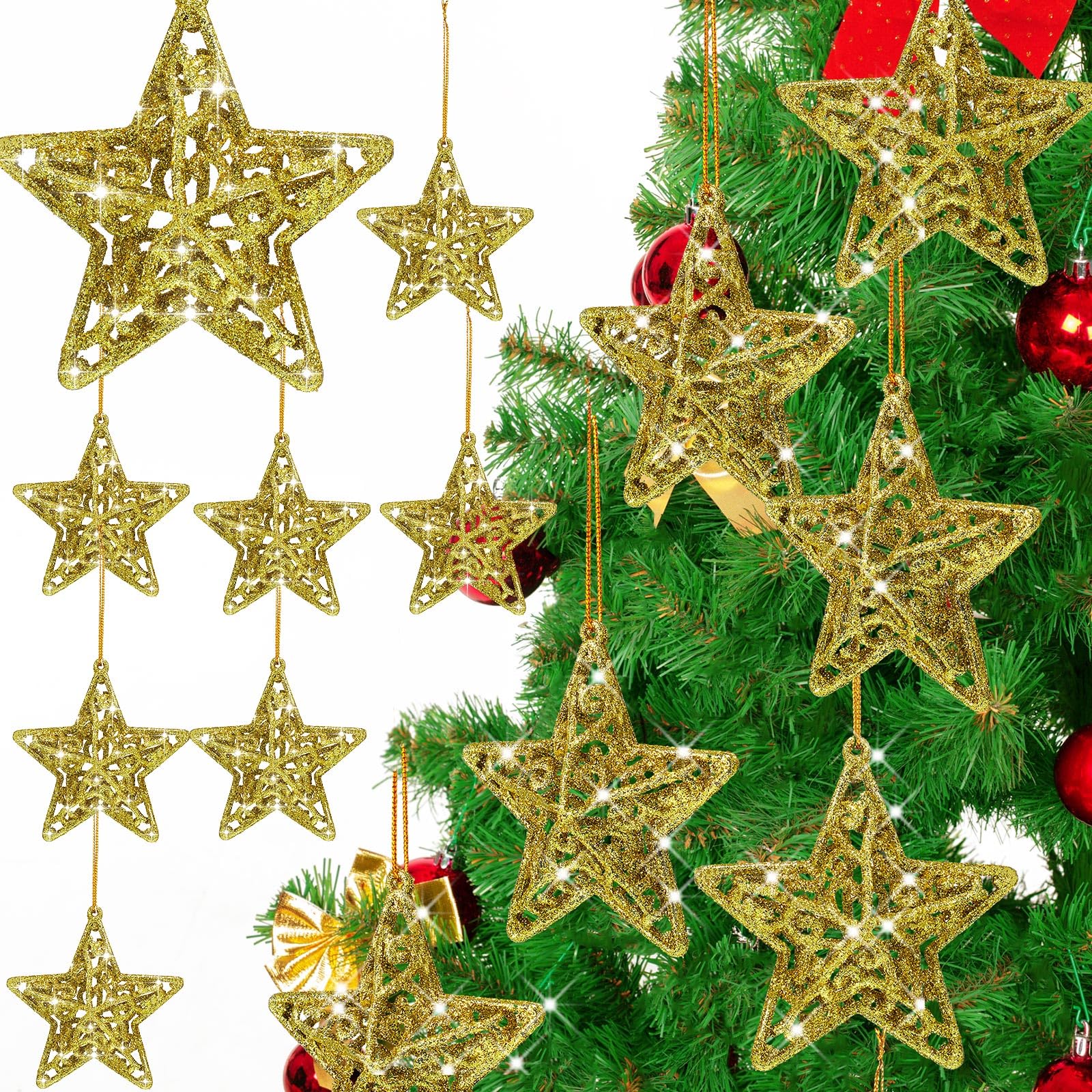 Amazon.com: Hollowfly 24 Pcs Gold 3D Glitter Star Ornaments for ...