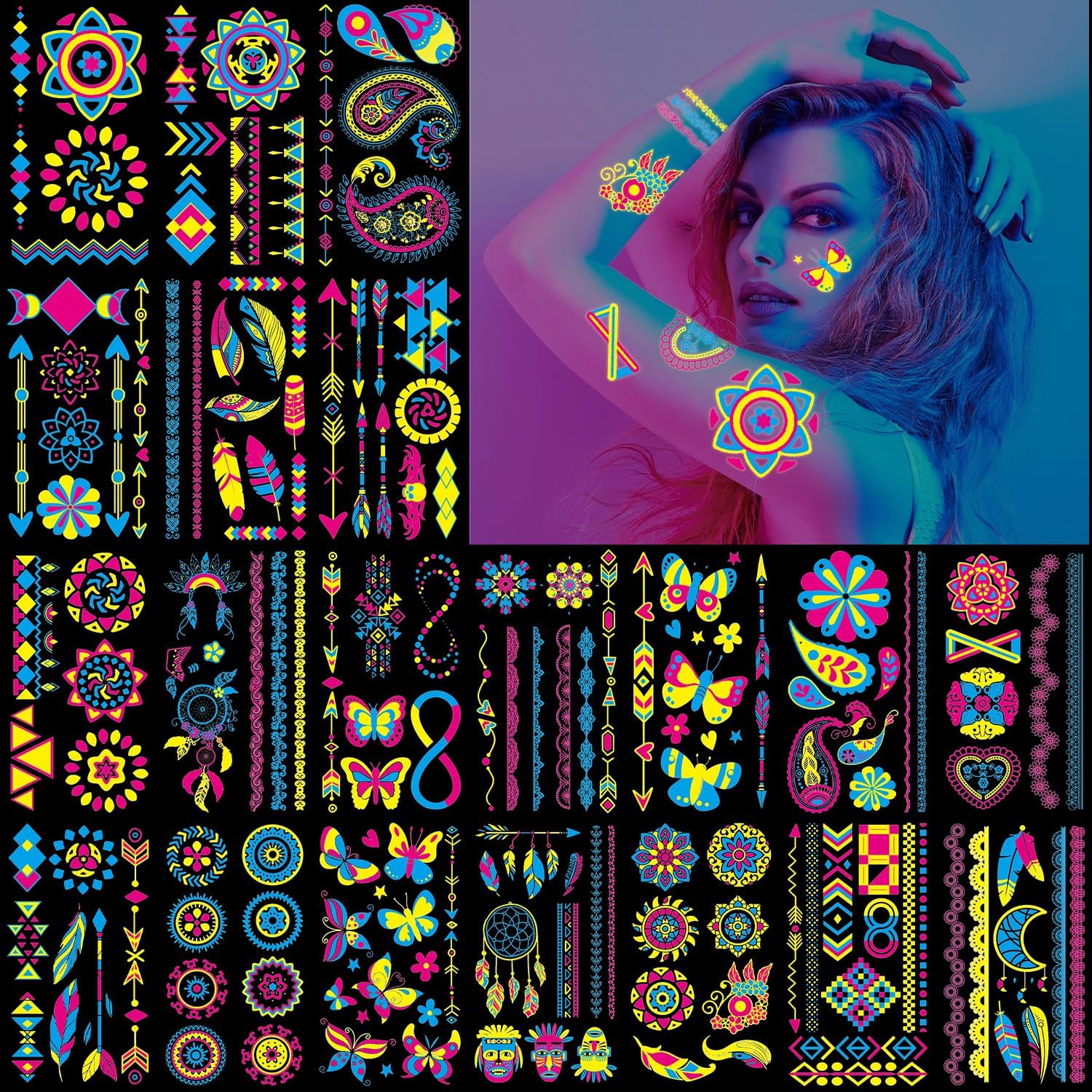 Temporary Tattoos 170 Pcs Glow Fluorescent Tattoos in UV Neon Black ...