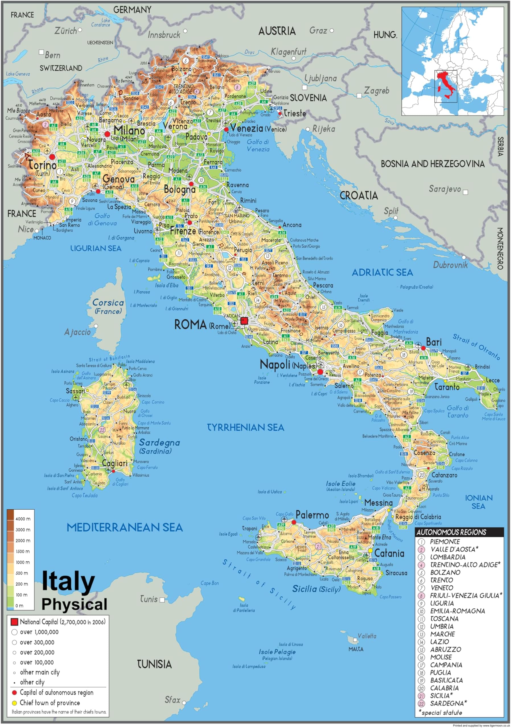 Amazon.com : Italy Physical Map - 16.5 x 23.3 inches - Paper Laminated ...