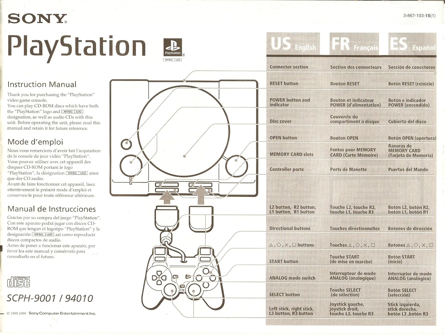 Sony PlayStation 1 System Instruction Manual model SCPH-9001 / 94010 ...