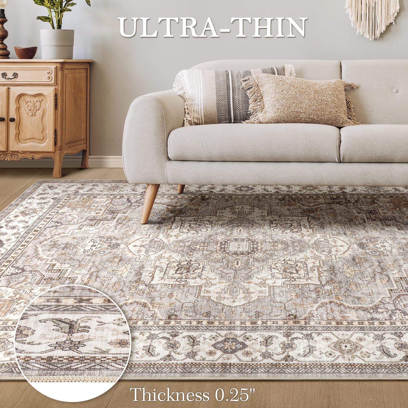 Washable Area Rugs for Living Room - 8x10 Neutral Vintage Distressed ...