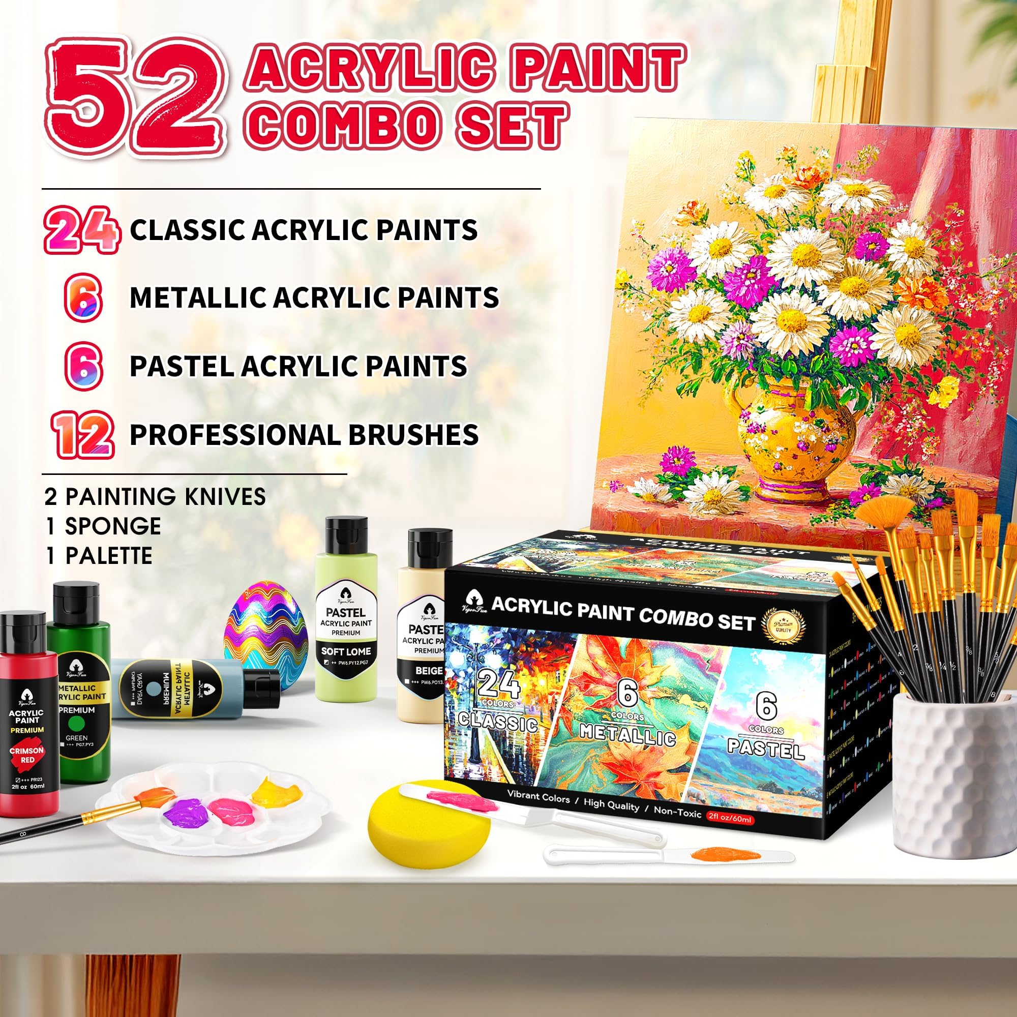Snapklik.com : 52 Pcs Classic & Metallic & Pastel Acrylic Paint Set