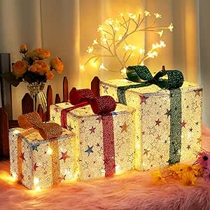 Amazon | Shuiling クリスマス 飾り プレゼントボックス 3点セット LED クリスマスツリー 飾り 置き物 自分で組み立てる クリスマス オーナメント イルミネーションライト ...