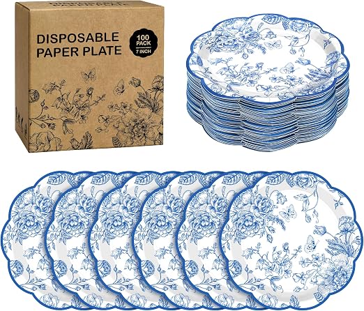 Amazon.com: Kochorie 100 Pieces Blue Flower Paper Plates 7 Inches ...