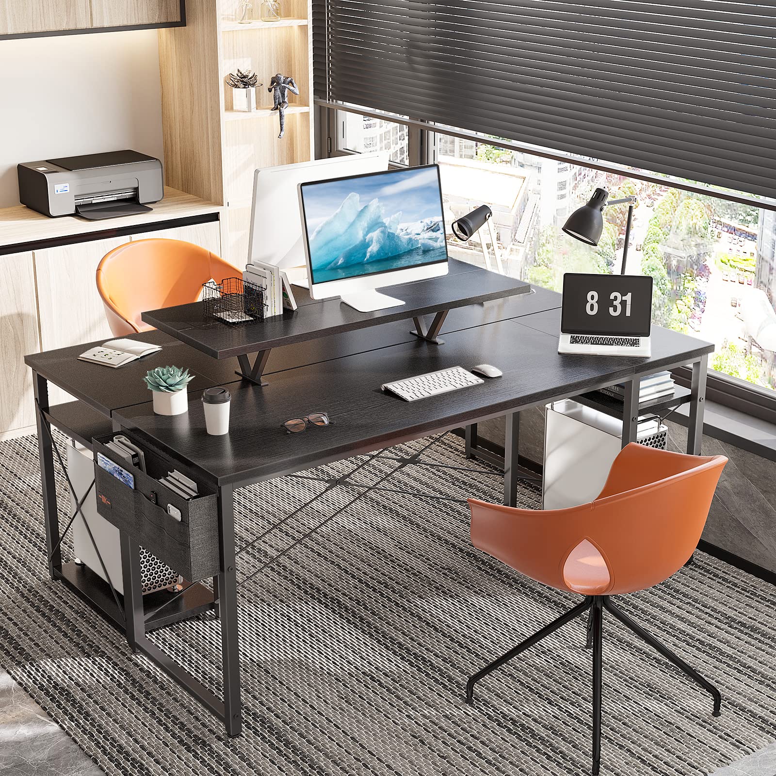 DK 63 Inch Home Office Computer Desk with Monitor Stand and Reversible ...