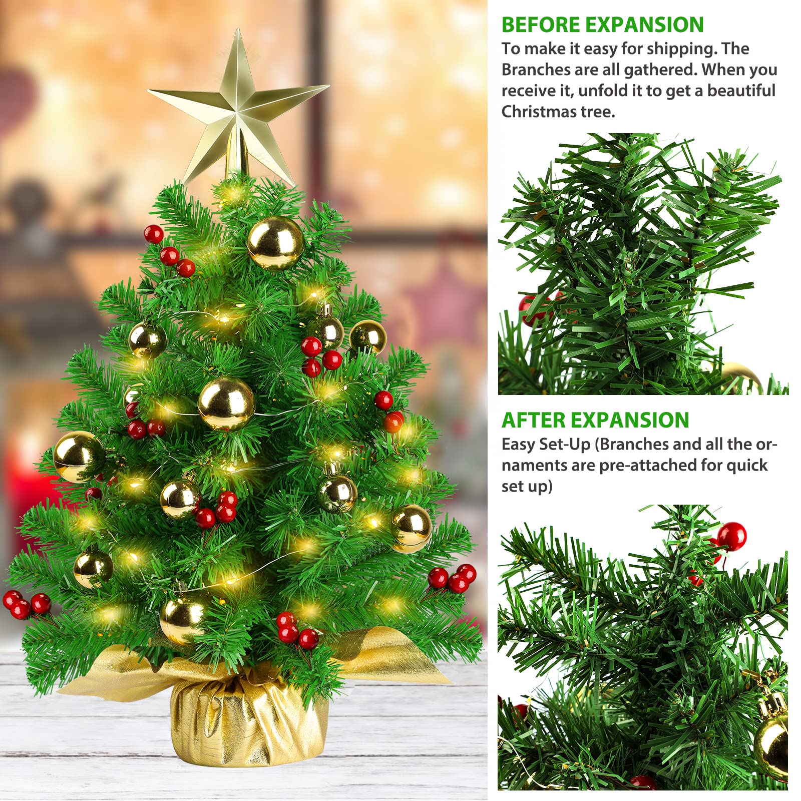 Viretec 20" Mini Christmas Tree, Artificial Prelit Small Christmas Tree ...