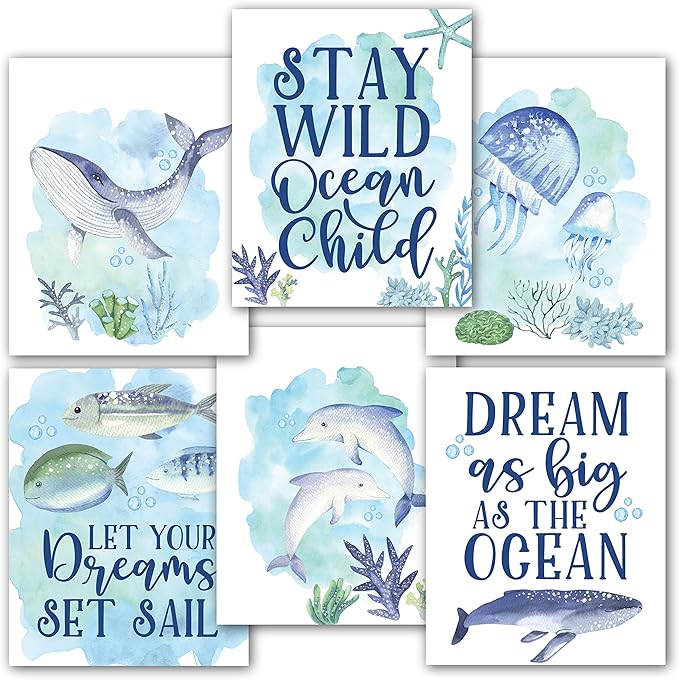 Amazon.com: 6 Reversible 8x10 Watercolor Ocean Wall Art Prints, Beach ...