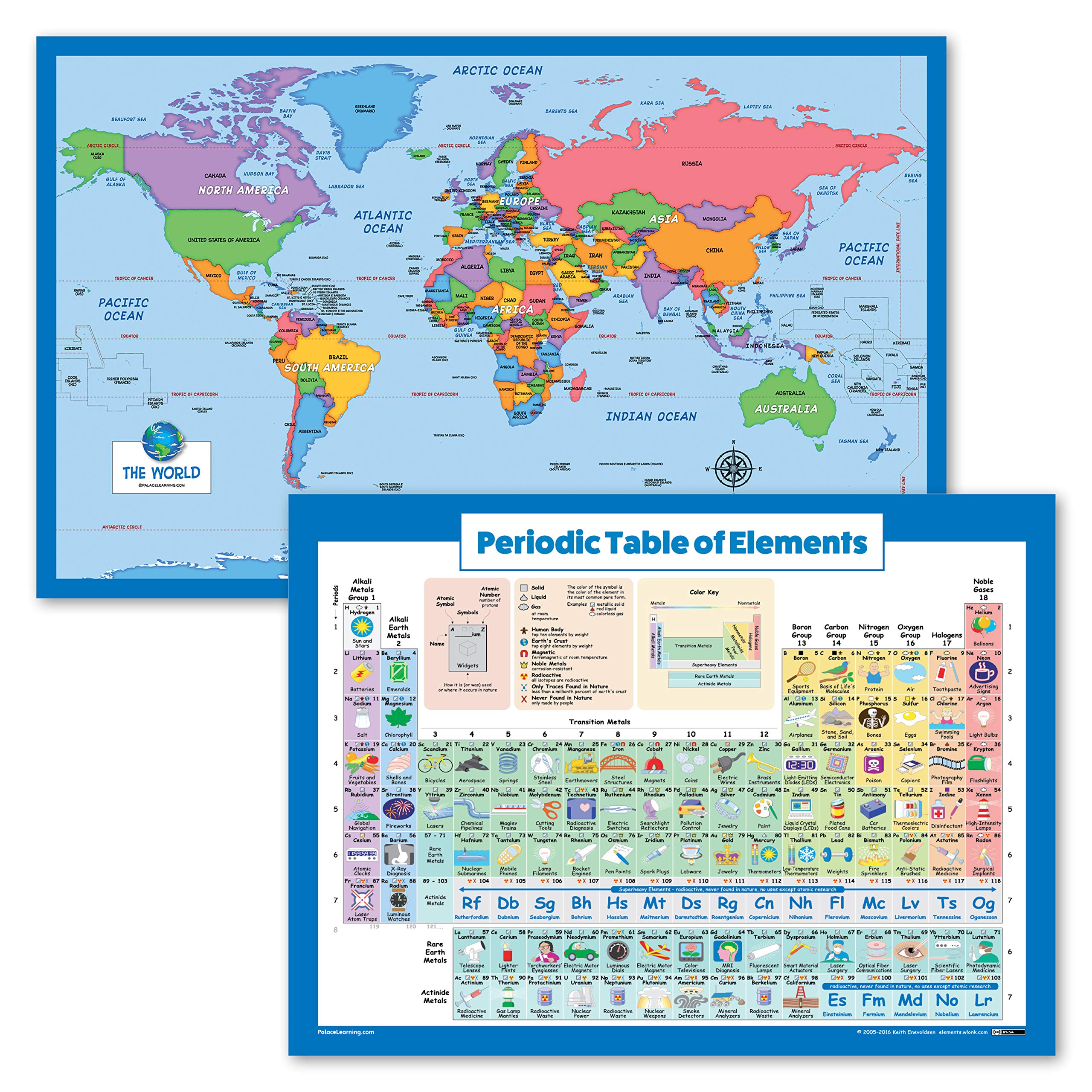 Buy 2 Pack - World Map for Kids + Periodic Table of The Elements Poster ...