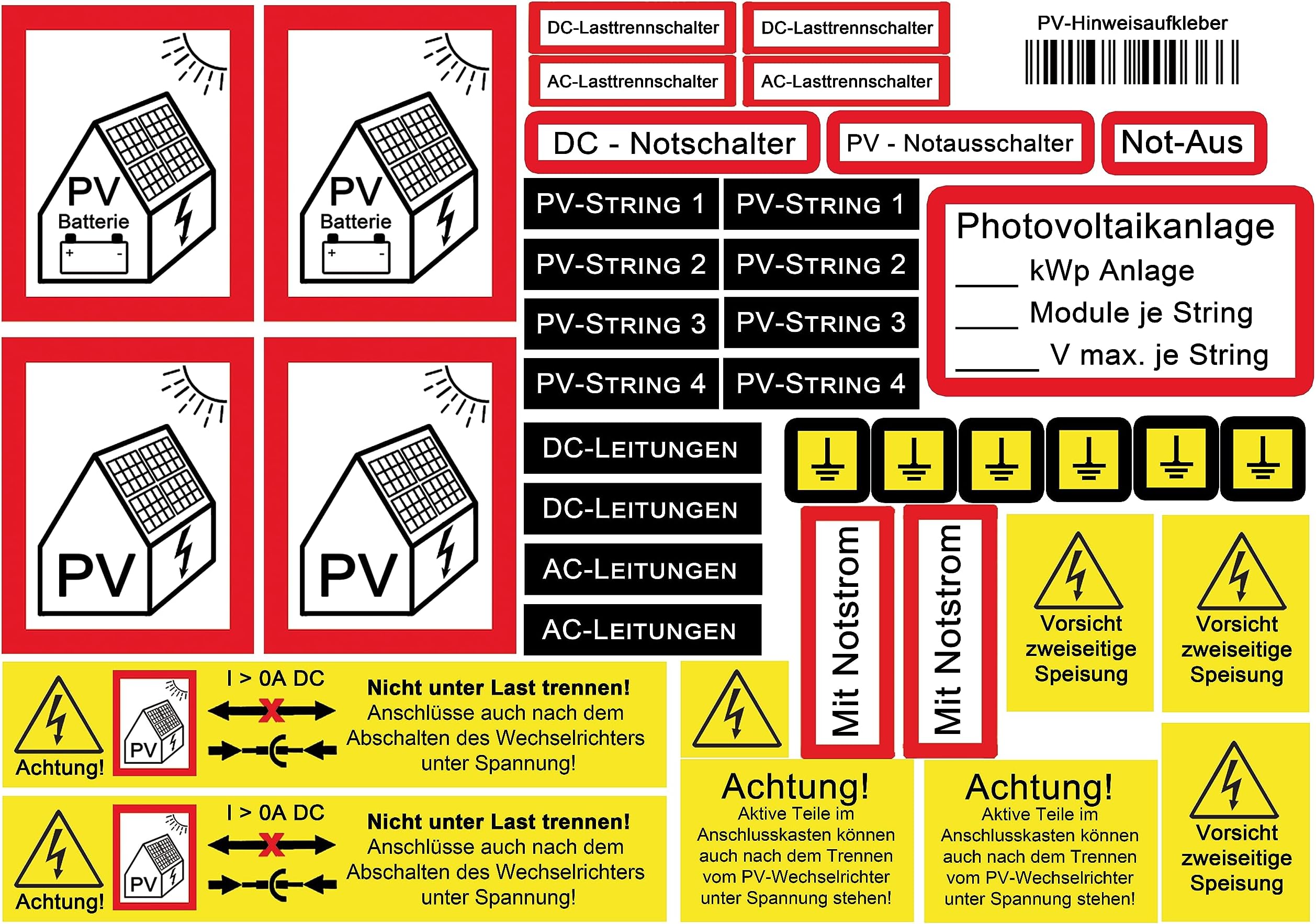 Aufkleber Warnzeichen Photovoltaik „PV Anlage unter Spannung“ Folie ISO ...