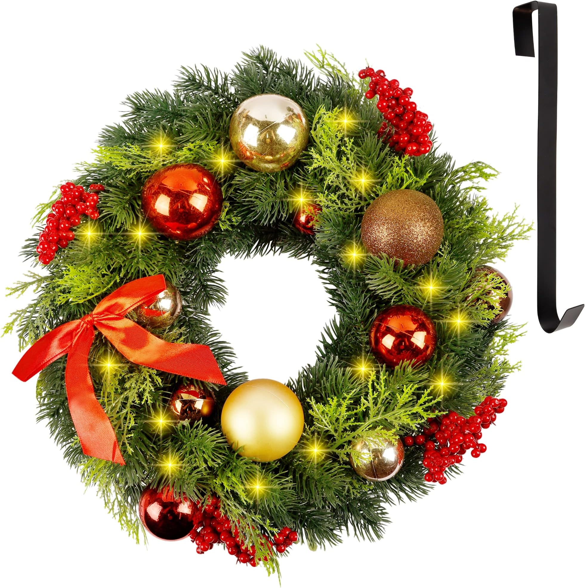 Amazon.com: Tigeen 2 Pcs 16 Inch Pre Lit Christmas Wreath with Metal ...