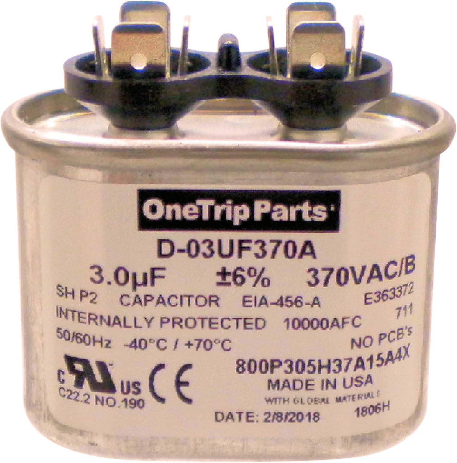 OneTrip Parts USA Run Capacitor 3 UF - 3 MFD 370 VAC Flat Oval: Amazon ...
