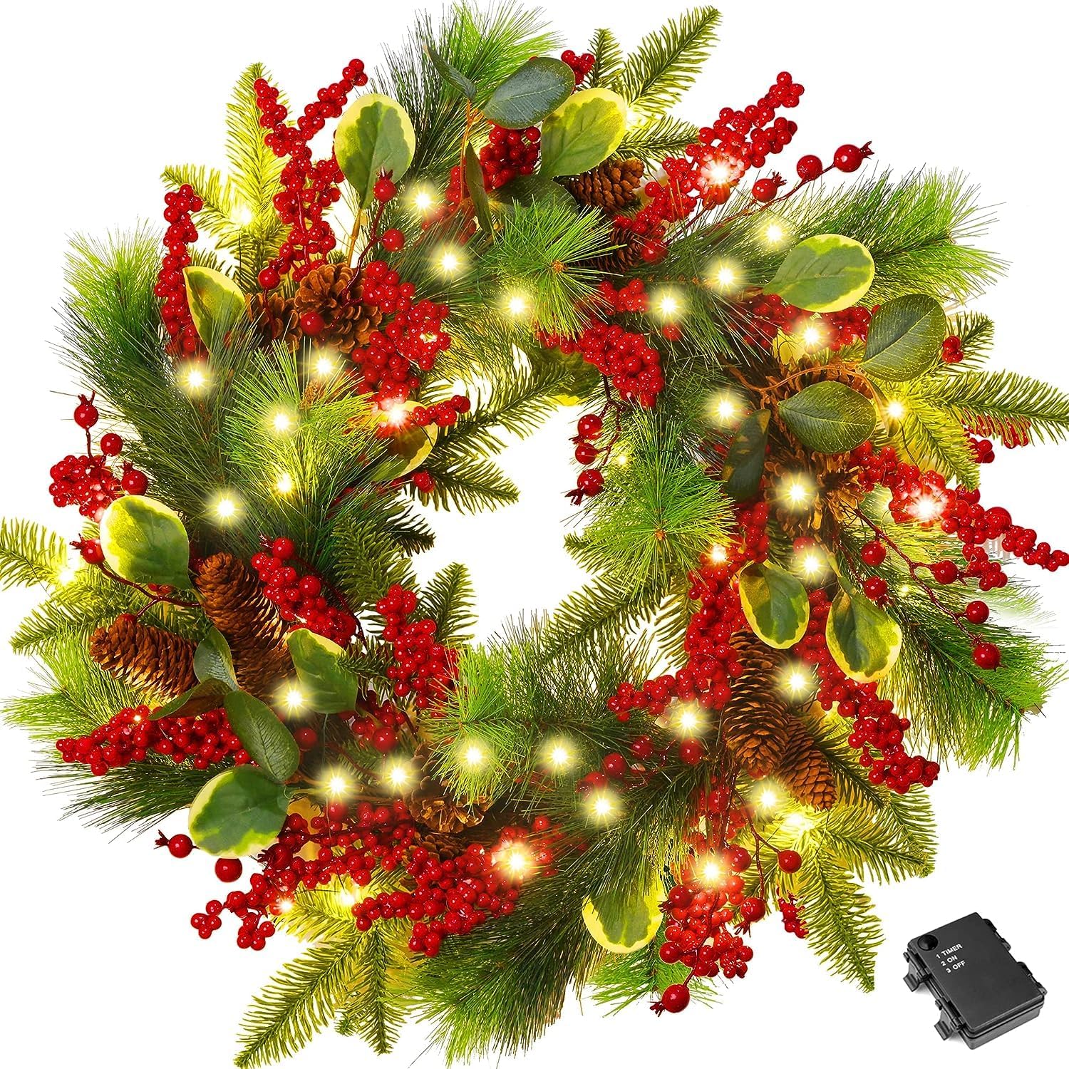 Amazon.com: Vlorart Prelit Christmas Wreath with 60 LED Lights and Red ...