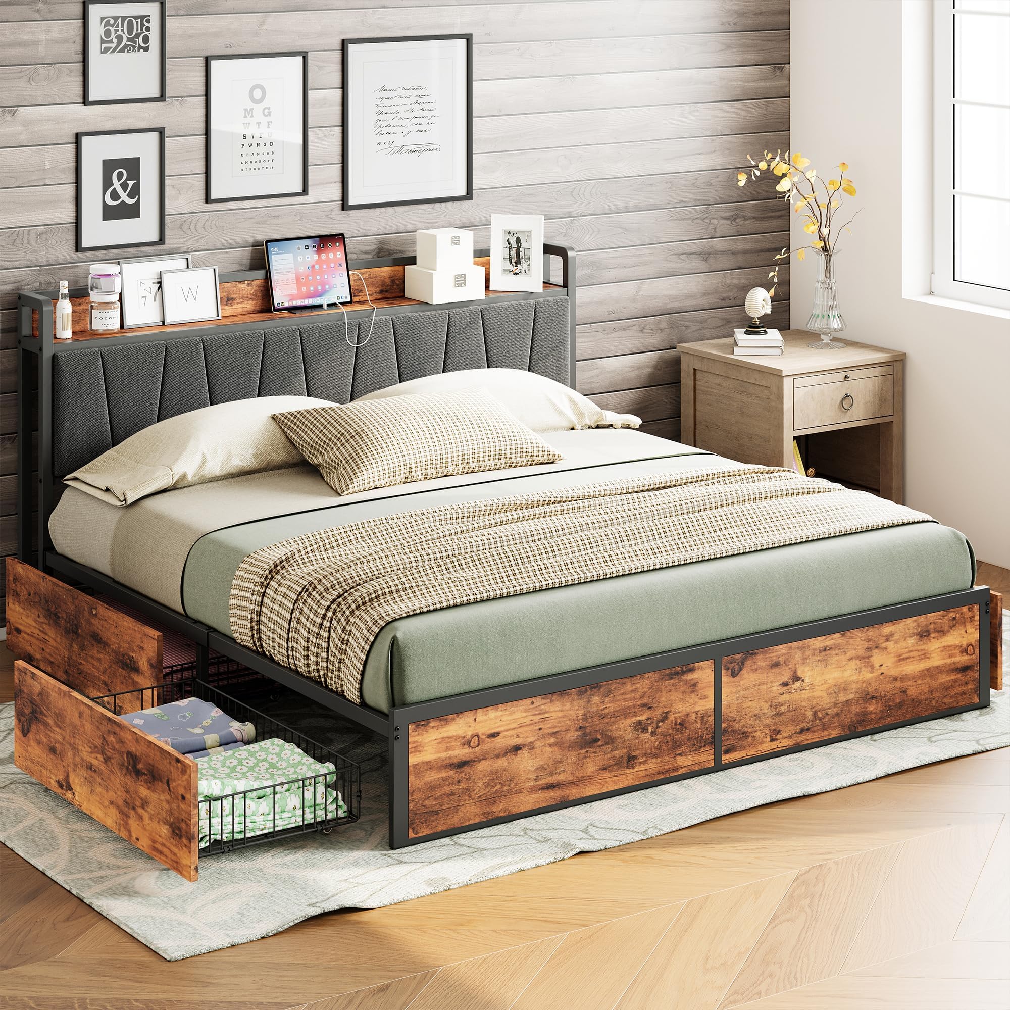 Amazon.com: LIKIMIO King Bed Frame with 4 Storage Drawers, Platform Bed ...