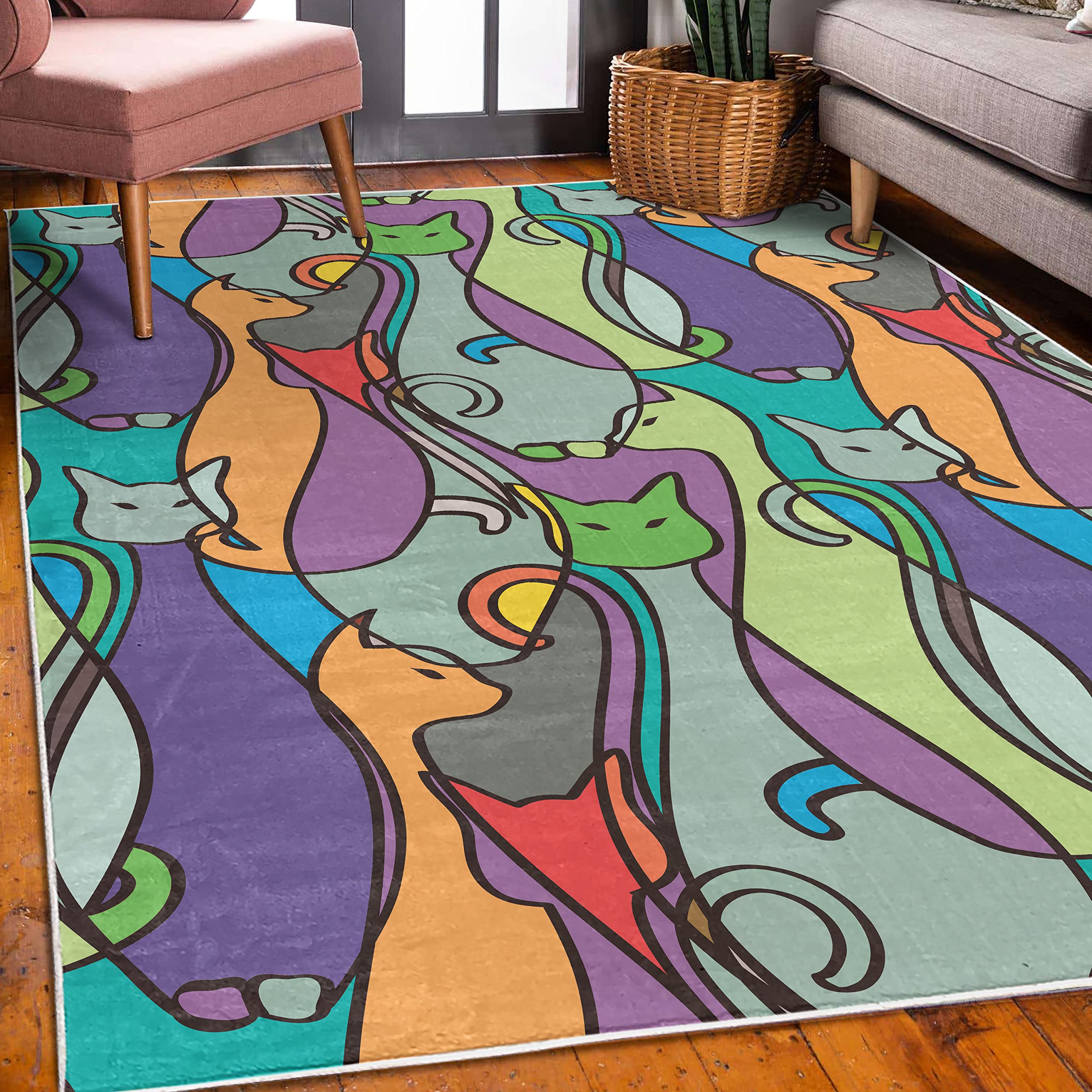 Lunarable Cat Decorative Rug, Colorful Kittens Domestic Contour ...