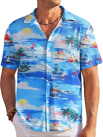Amazon.com: COOFANDY Men's Casual Shirts Short Sleeve Waffle Knit Button Down Shirt Wrinkle Free ...
