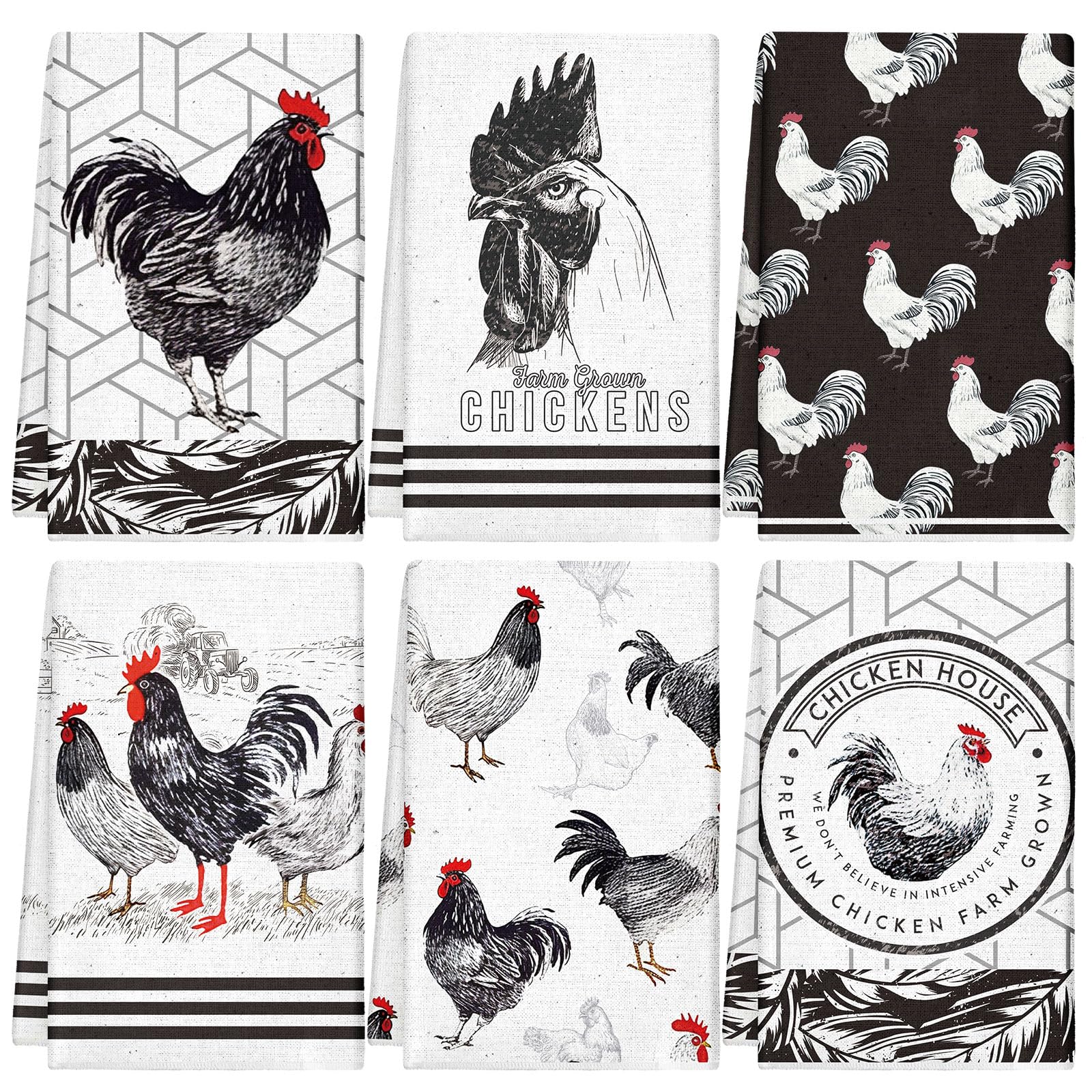 Amazon.com: Redbaker 6 Pcs Farm Chickens Kitchen Towels Black and White ...
