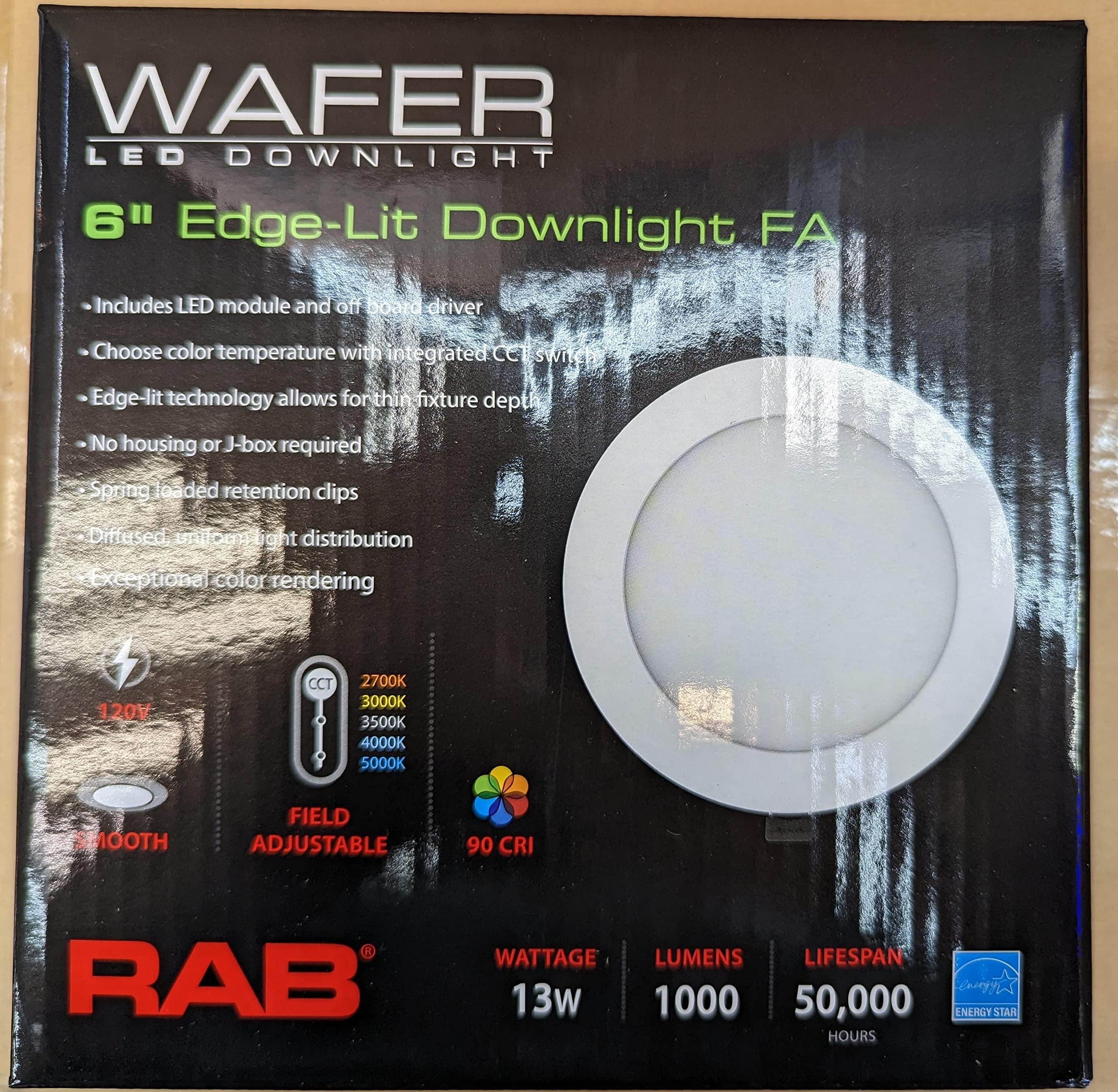RAB WFRL6R139FA120WB Edge-Lit Wafer CCT Field Adjustable, 2700/3000 ...