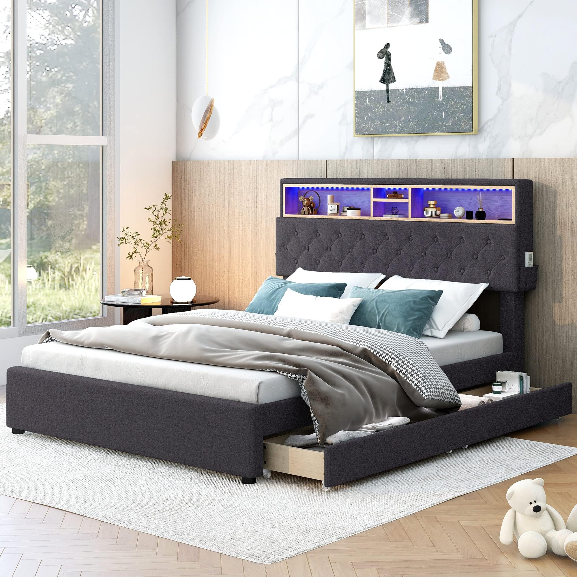 Amazon.com: DHPM LED Bed Frame Full Size with Storage Headboard ...