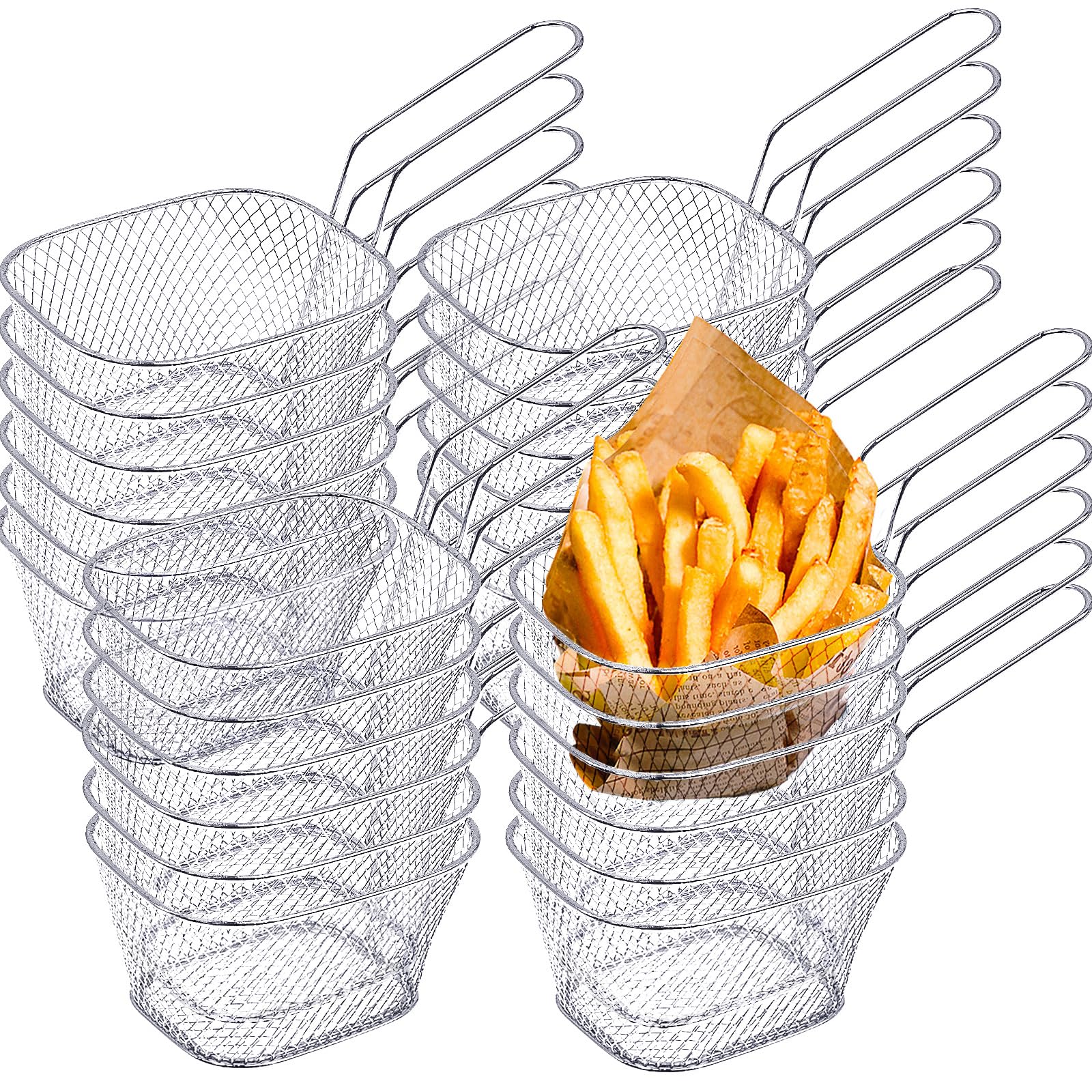 24 Pcs Mini Square Fry Basket with Handle Chrome French Fry Holder Chip ...