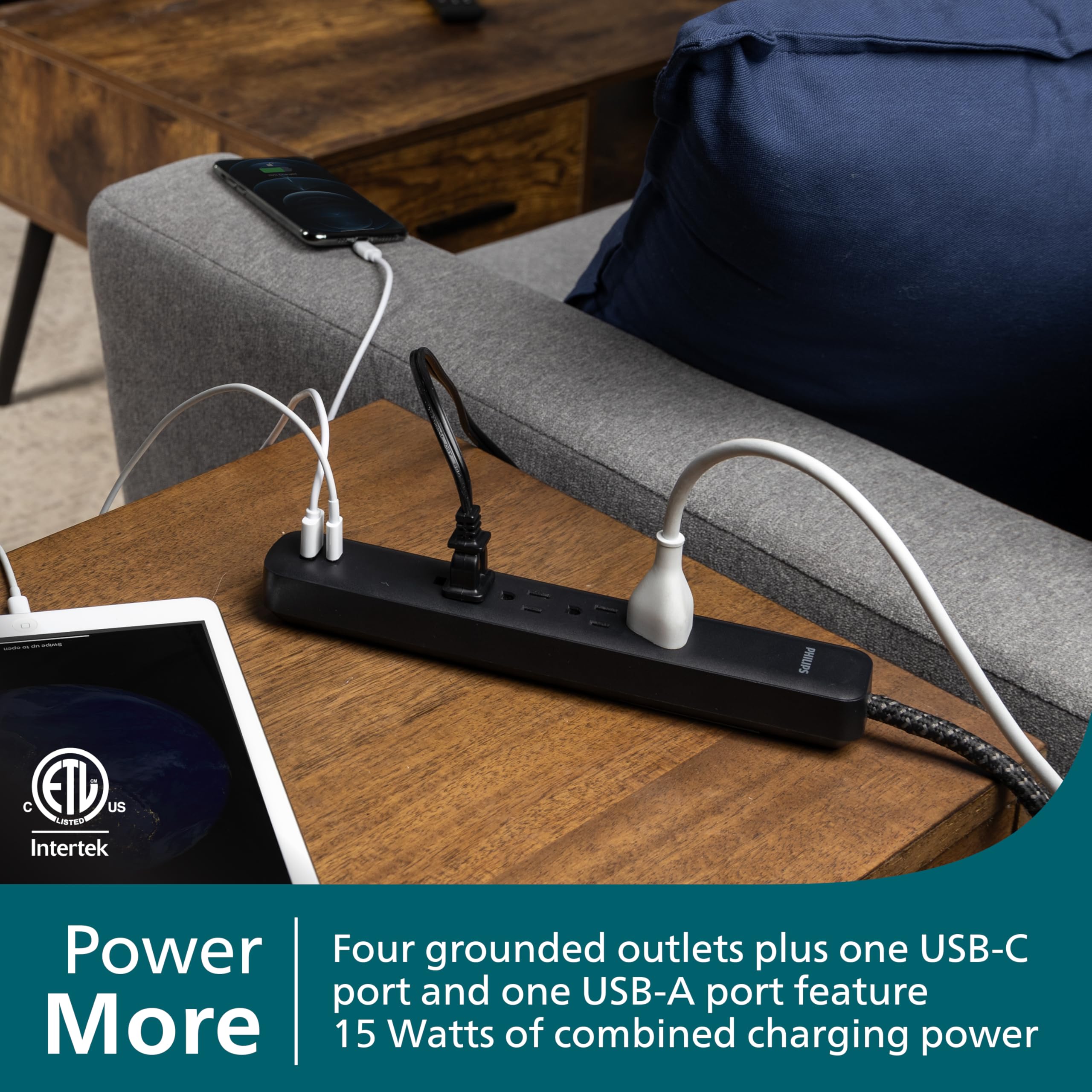 Snapklik.com : 4-Outlet Surge Protector, 4ft Braided Cord, 1-USB-C, 1 ...