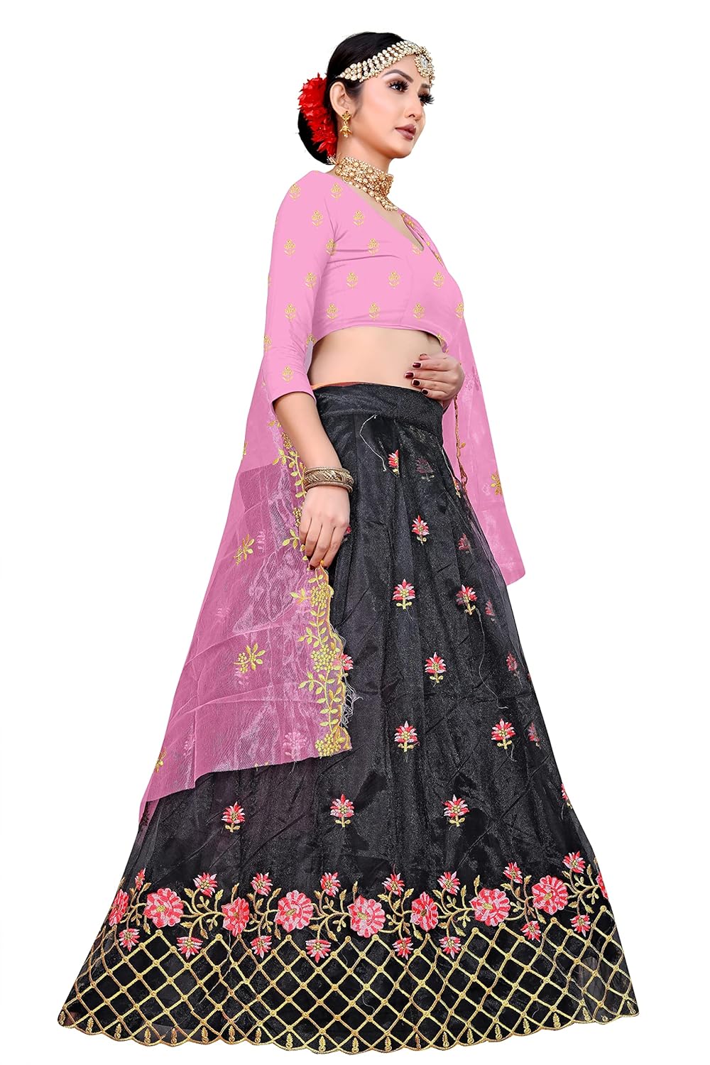 PATTARI Women's Embroidered Semi Stitched Lehenga Choli (BLACK PINK ...