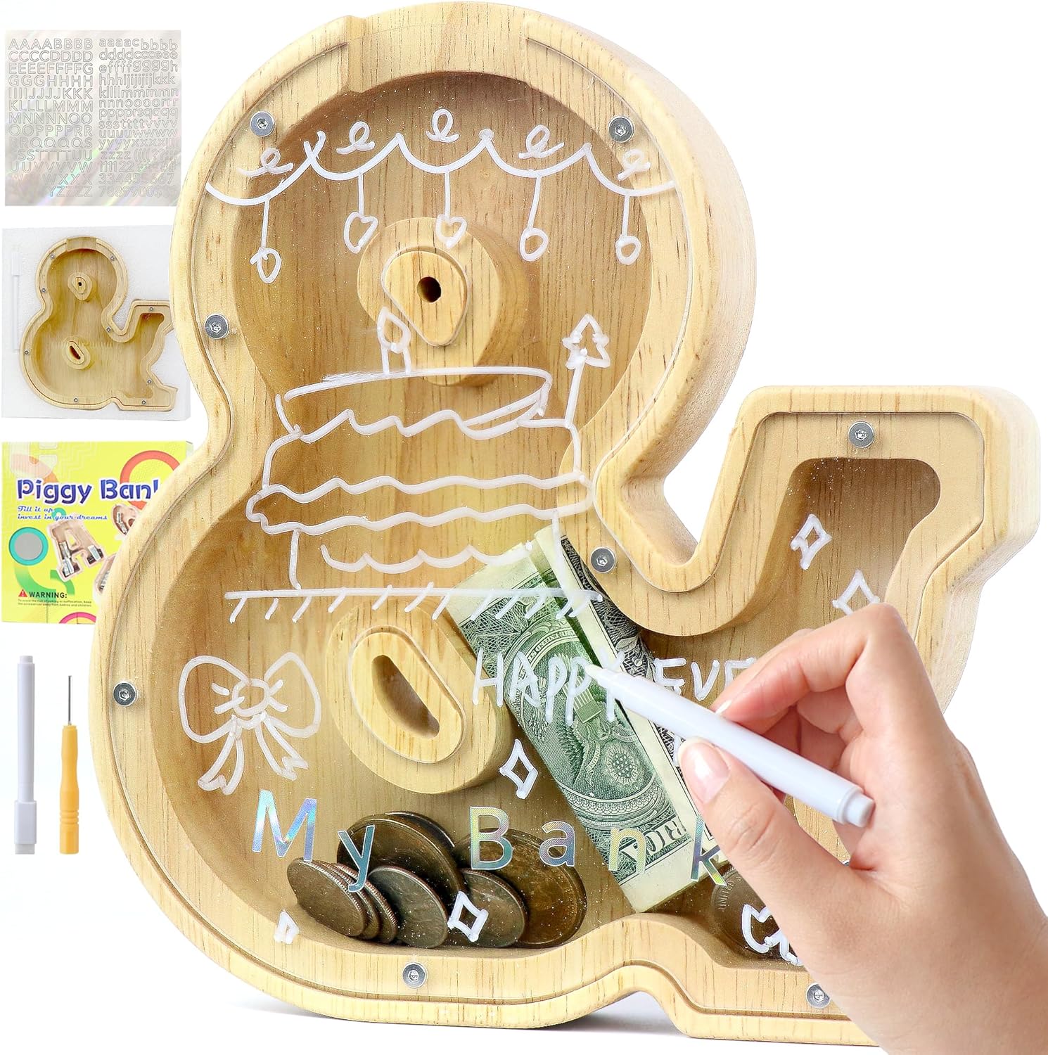 Amazon.com: weallbuy Wooden Letter Piggy Bank A-Z Personalized Clear ...