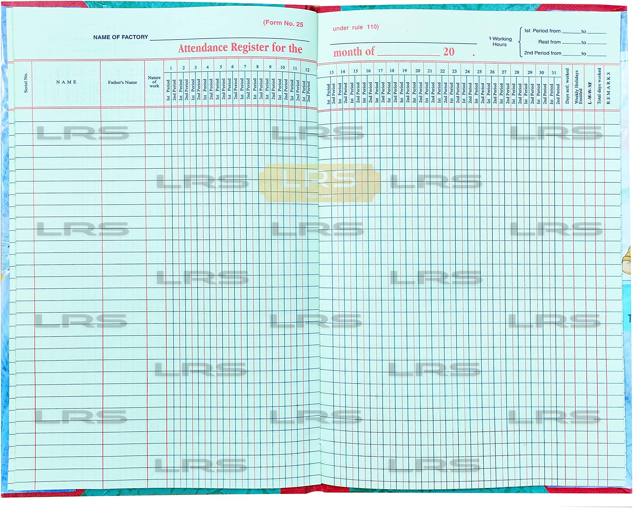 LRS Form no. 25 Factory Attendance Register under Rule 110-36 Pages ...