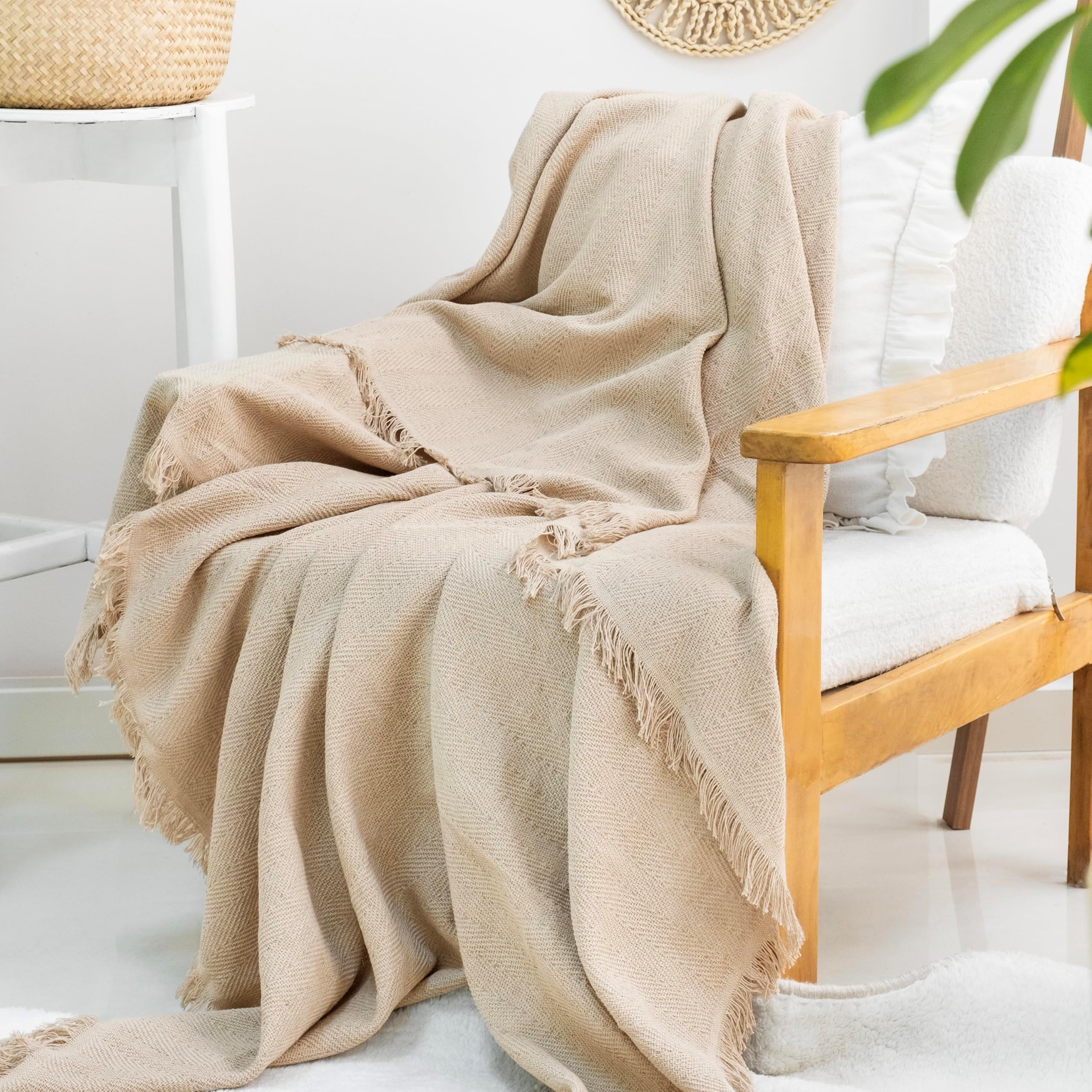 Milam London Cream Throw Blanket | Herringbone Throws For Armchairs ...