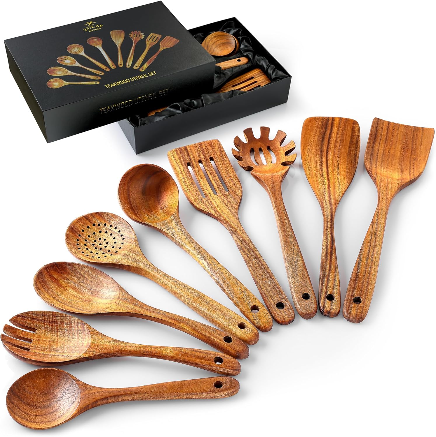Amazon.com: Zulay Kitchen 9-Piece Teak Wooden Utensils for Cooking ...